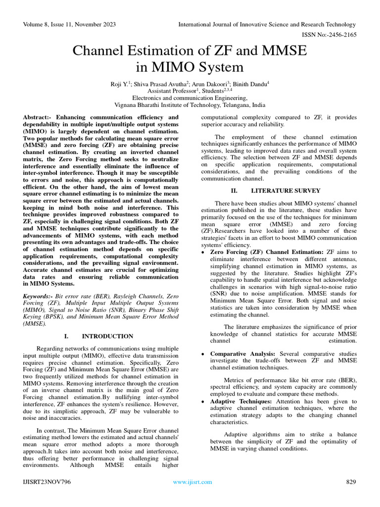 Channel Estimation of ZF and MMSE in MIMO System | PDF | Mimo | Signal To Noise Ratio