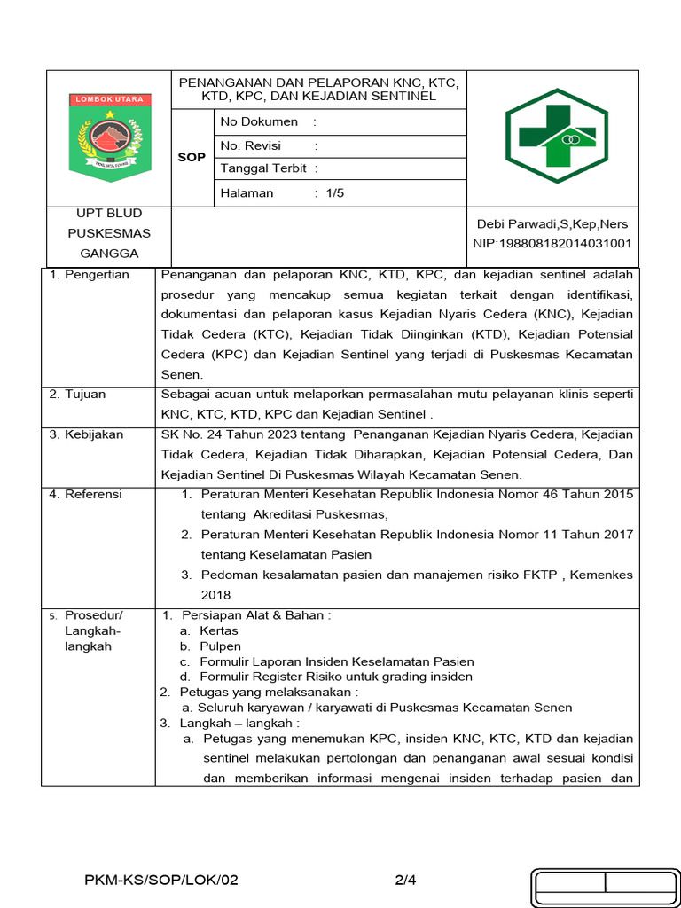 Sop - Ksy-207 Penanganan Dan Pelaporan KNC, KTC, KTD, KPC, Dan Kejadian Sentinel | PDF | Sains ...