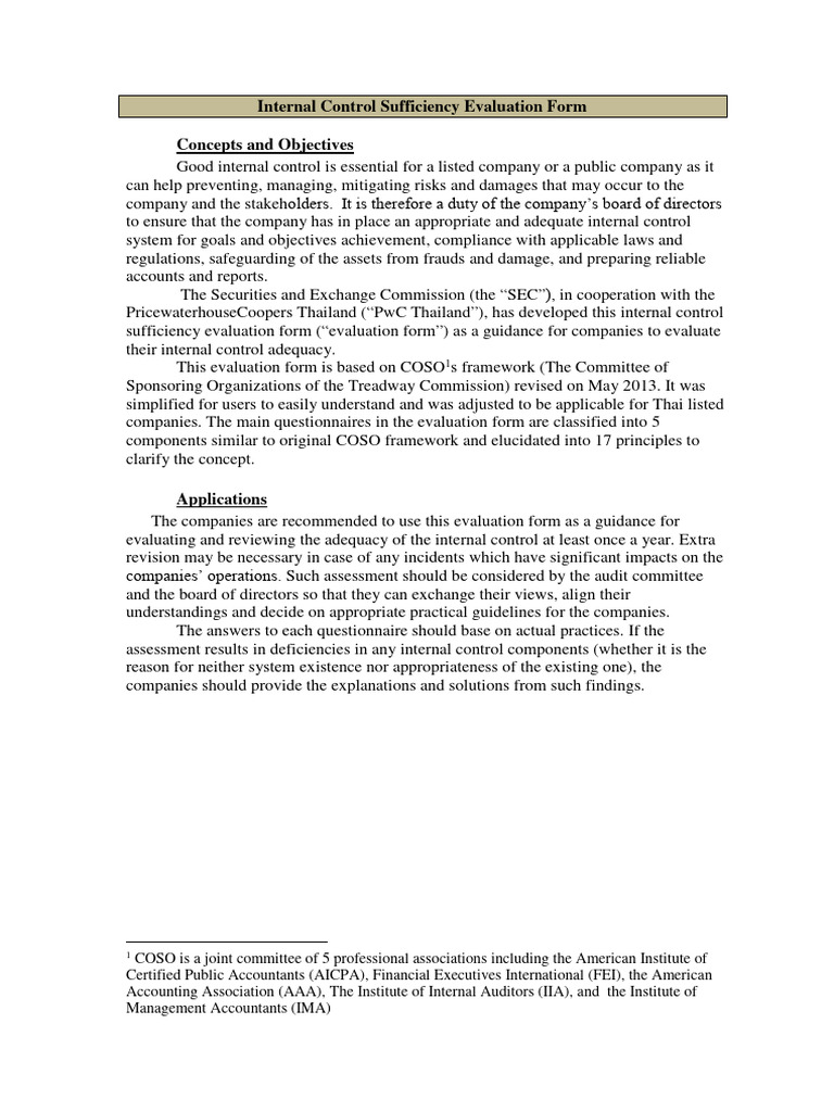 Securities and Exchange Commission of Thailan - Internal Control Sufficiency Evaluation Form ...
