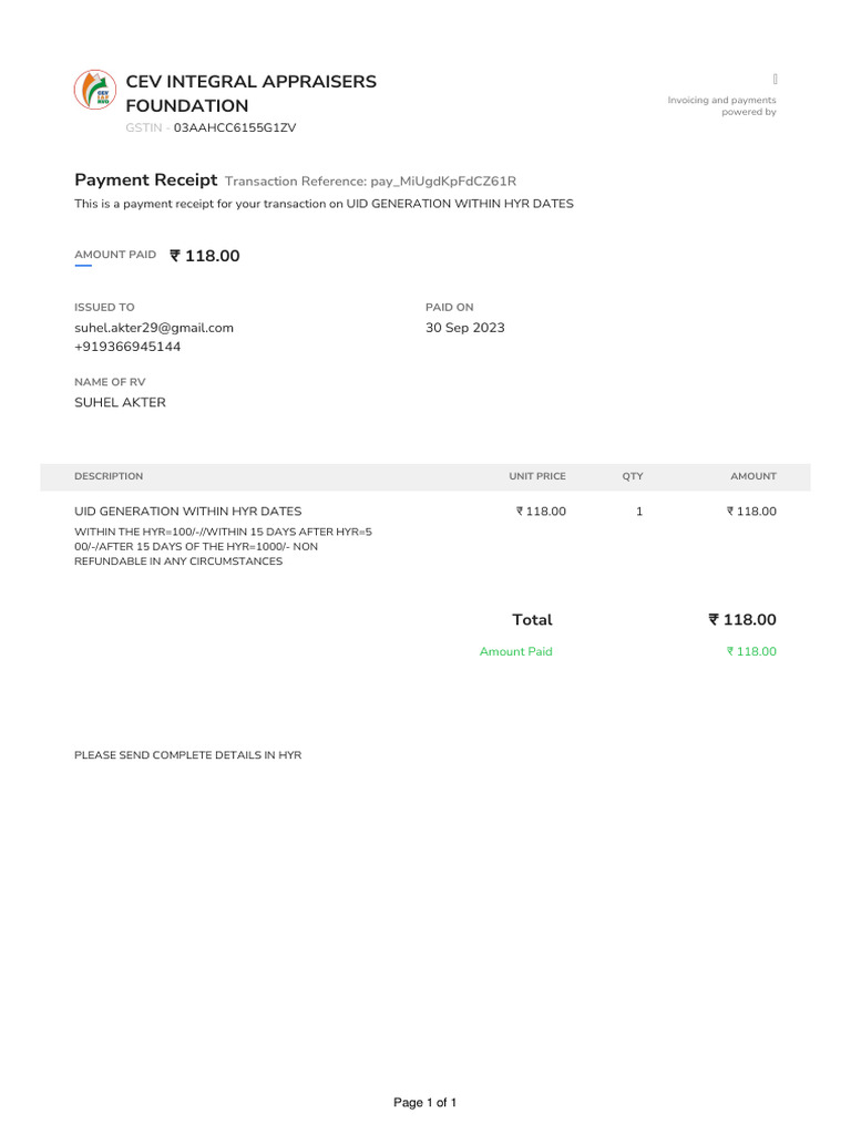 Payment Receipt for UID Generation | PDF