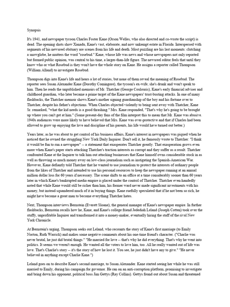 Plot and Synopsis Citizen Kane | PDF | History | Mystery, Thriller ...