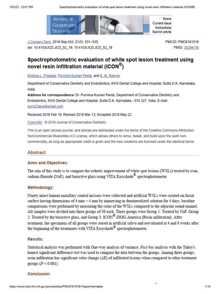 Spectrophotometric evaluation of white spot lesion treatment using ...