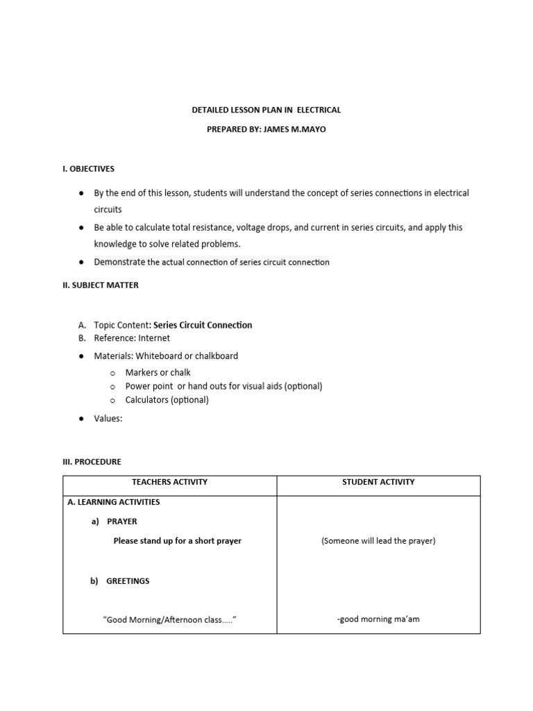 Detailed Lesson Plan in Applied Electrical | PDF | Series And Parallel ...