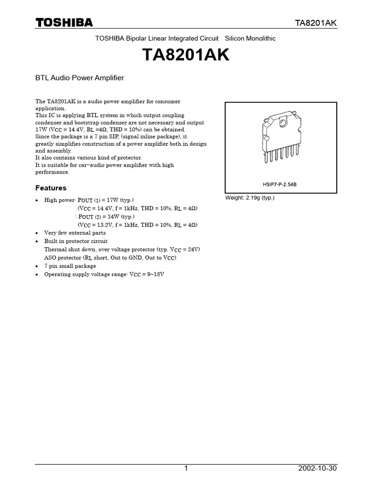 TA8201AK ToshibaSemiconductor | PDF | Amplifier | Capacitor
