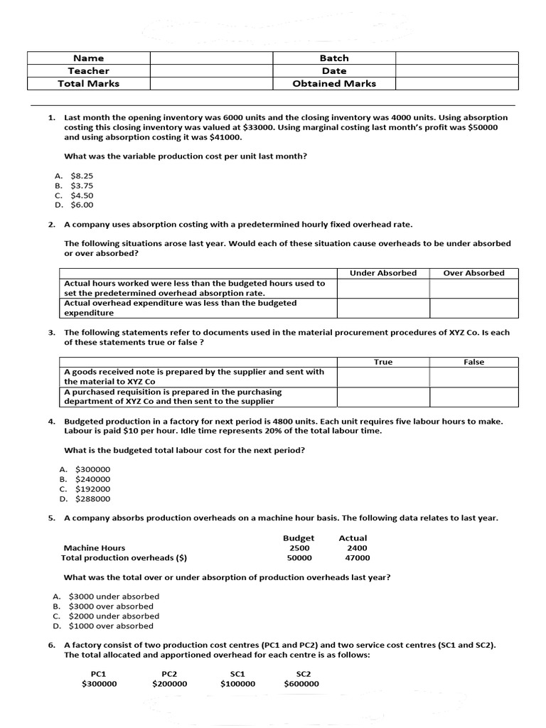 ACCA AFD Mock Exam Questions | PDF | Inventory | Debits And Credits