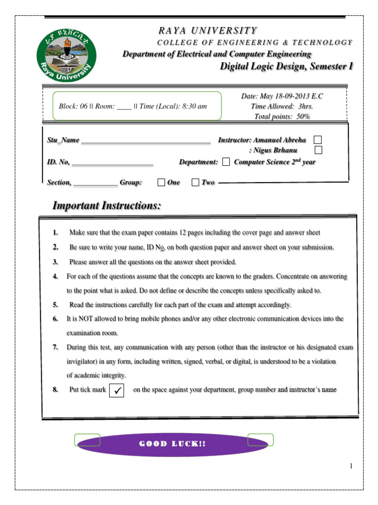 Digital Logic Design Final Exam | PDF | Electronic Design | Computer Engineering