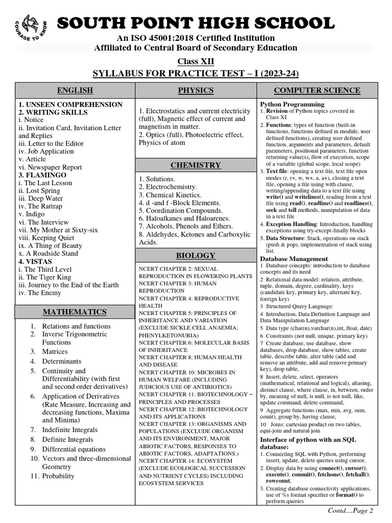Syllabus For Practice Test I Class Xii Pdf Relational Model Parameter Computer Programming