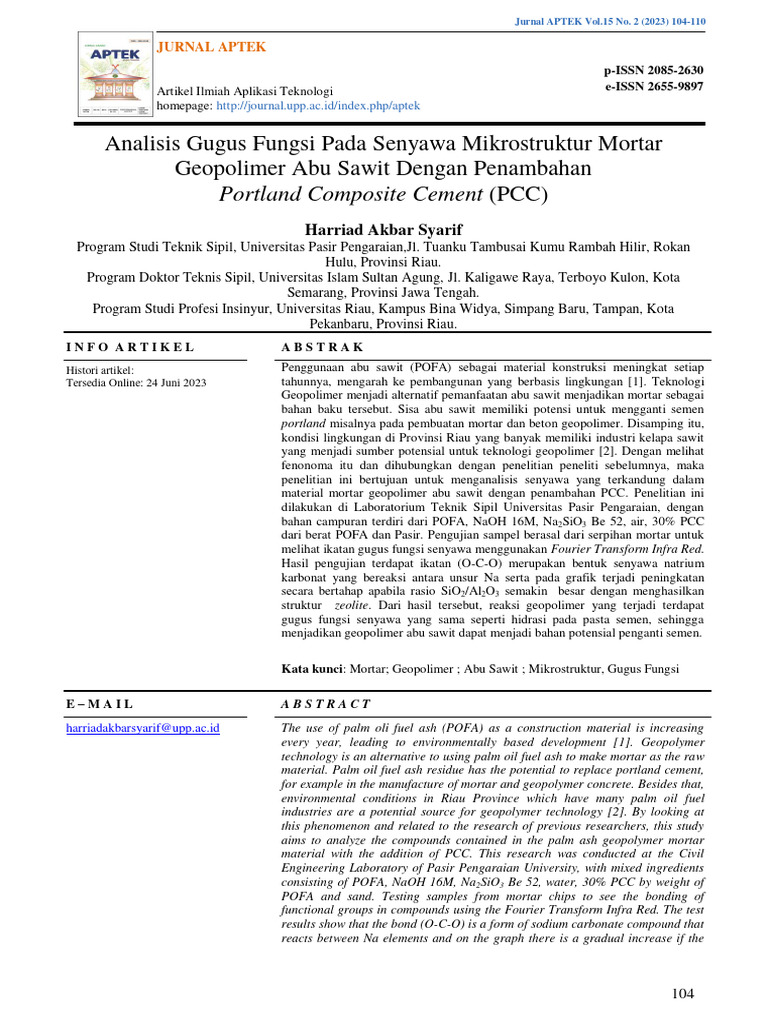 Analisis Gugus Fungsi Pada Senyawa Mikrostruktur Mortar Geopolimer Abu Sawit Dengan Penambahan | PDF