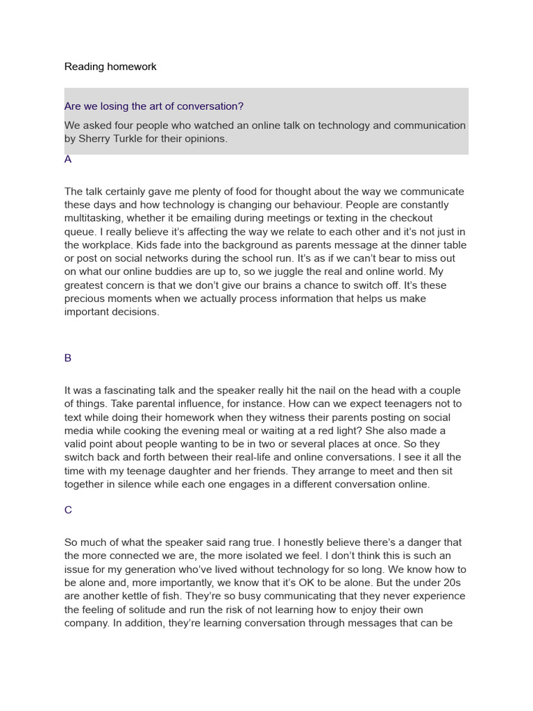 Reading HW | PDF | Conversation | Communication