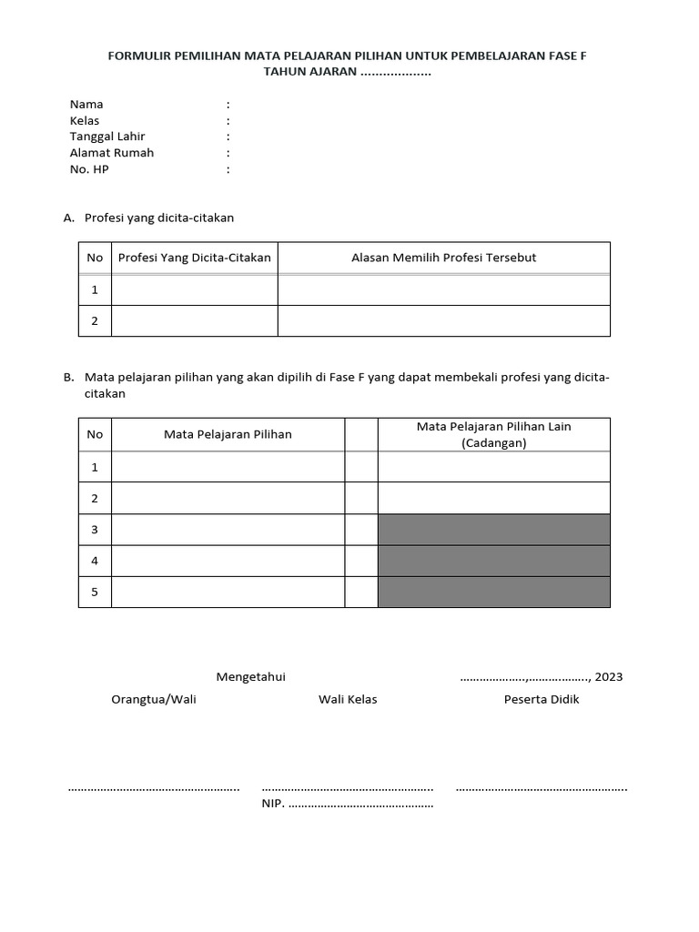Form Pemilihan Mapel Pilihan | PDF