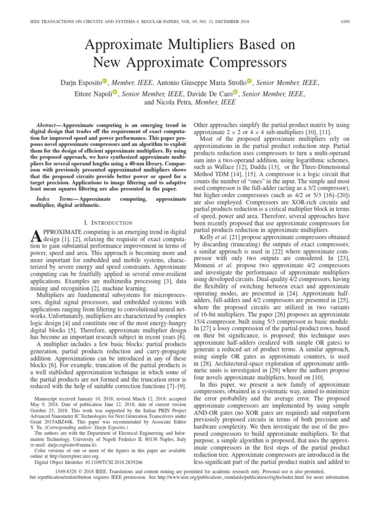 Approximate Multipliers Based On New Approximate Compressors Pdf Computer Engineering