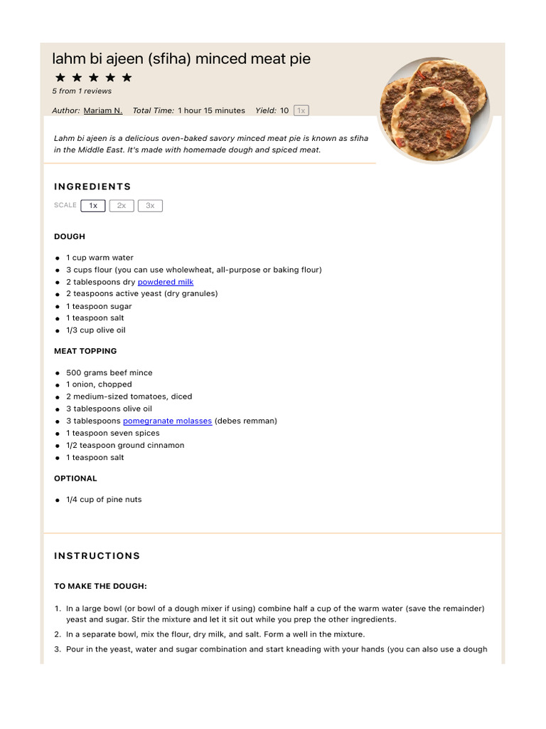 Lahm Bi Ajeen Recipe and Nutrition Facts | PDF | Fat | Baking