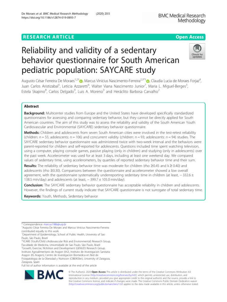 2020-Reliability and Validity of A Sedentary Behavior Questionnaire For South American Pediatric ...