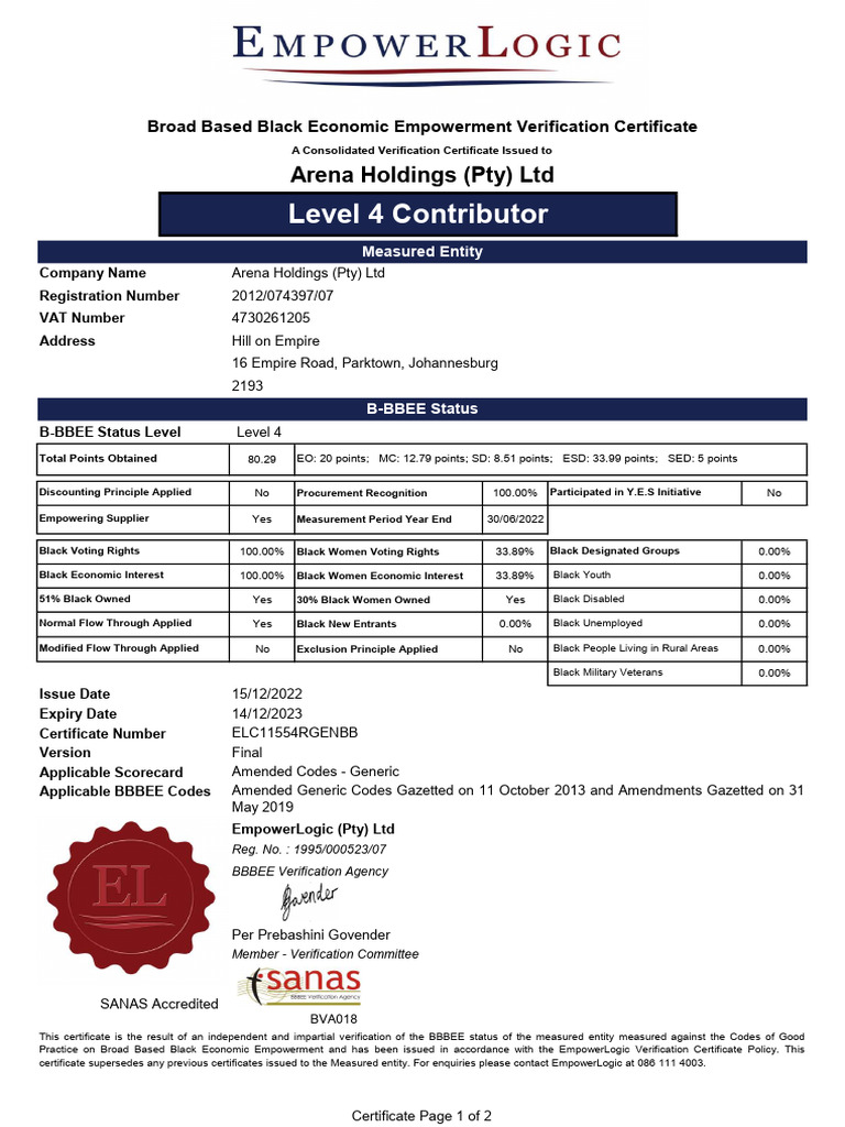 Arena Holdings Pty LTD - BBBEE Certificate - 2023 | PDF | Government | Economies