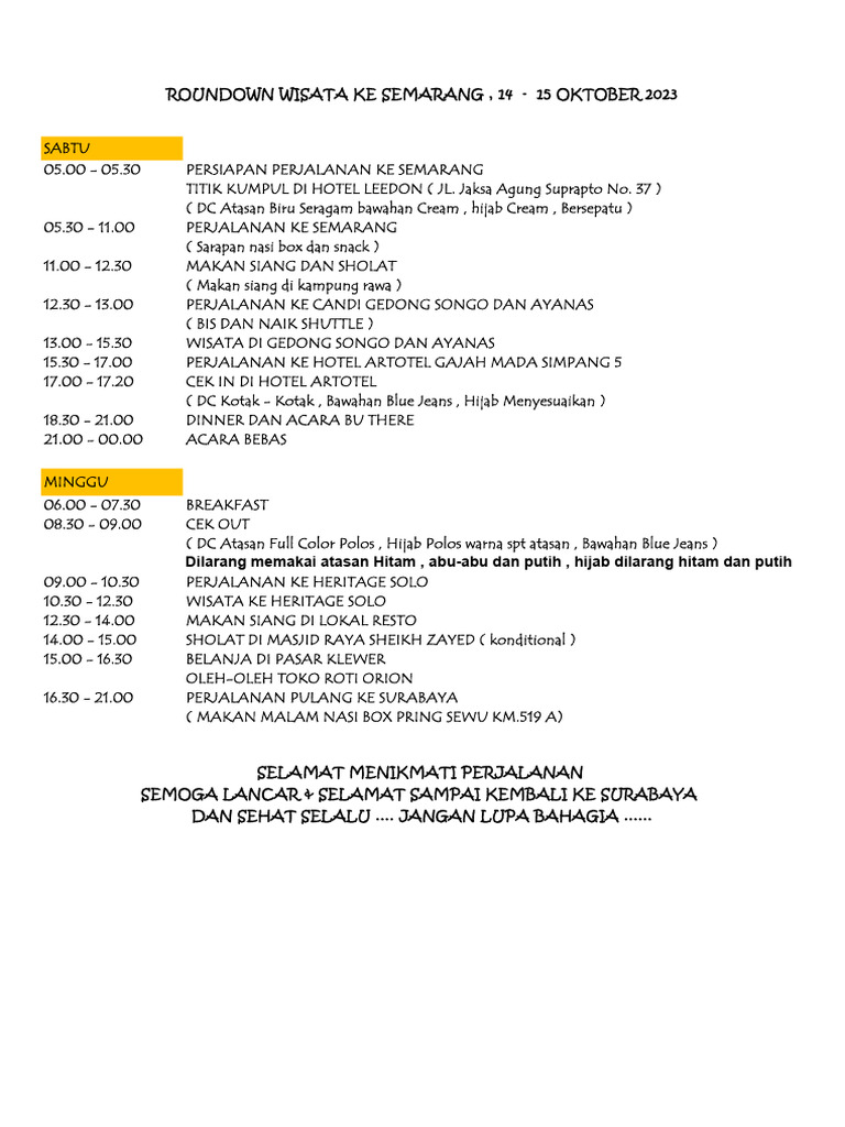 Rundown Wisata Ke Semarang 14-15 Oktober 2023 | PDF