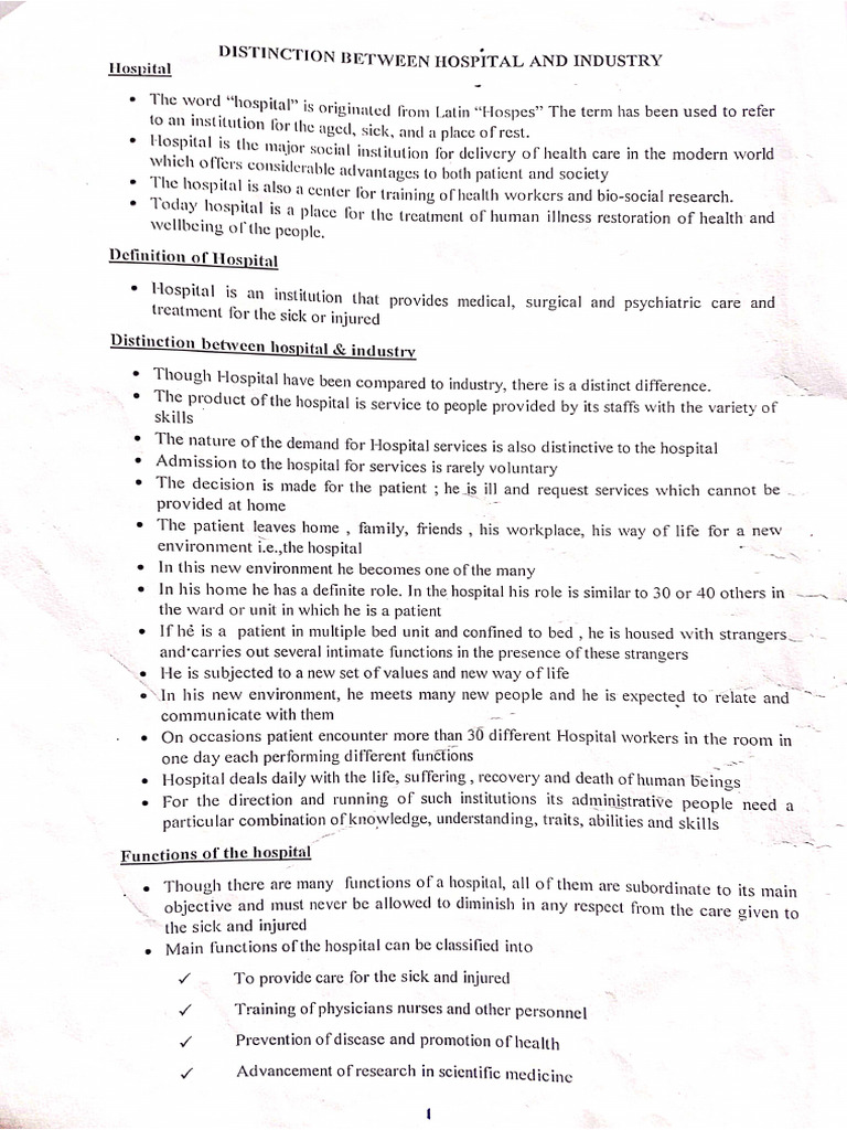 Diff Between Hospital and Industry Unit 1 | PDF
