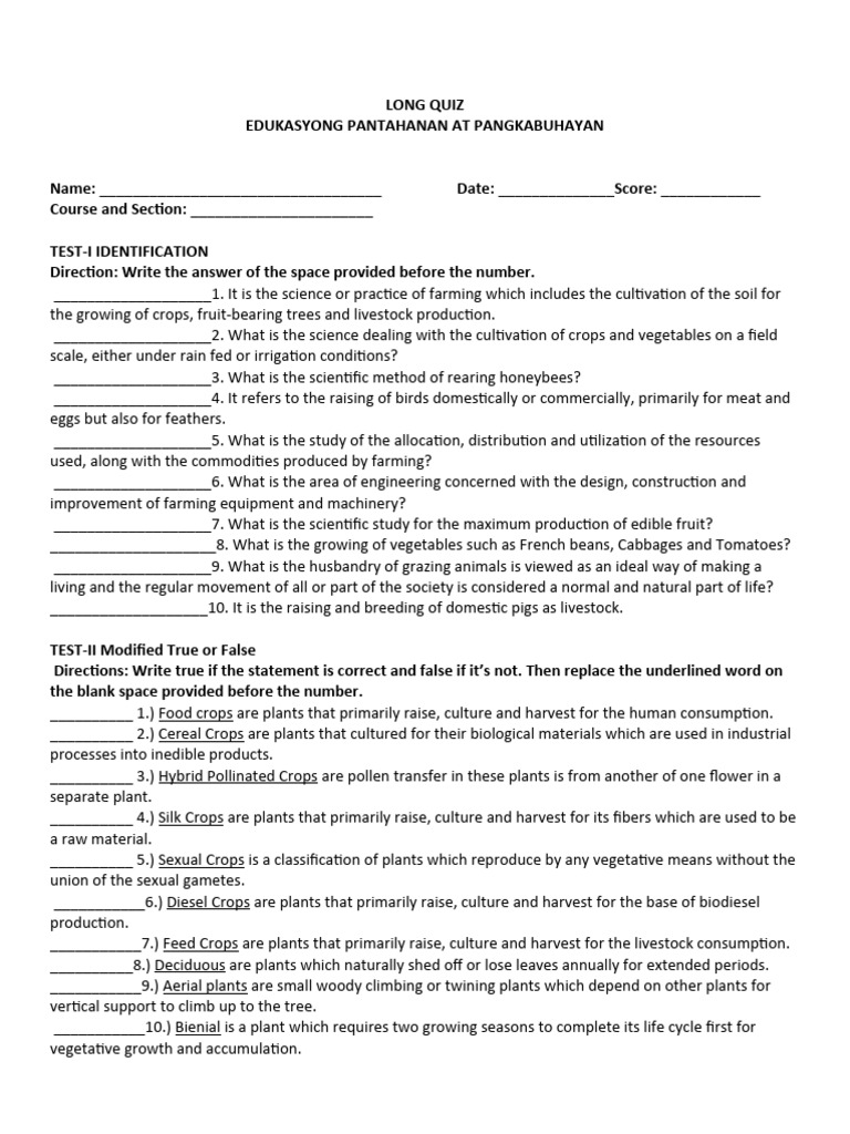 Long Quiz in Epp Educ | PDF | Agriculture | Plants