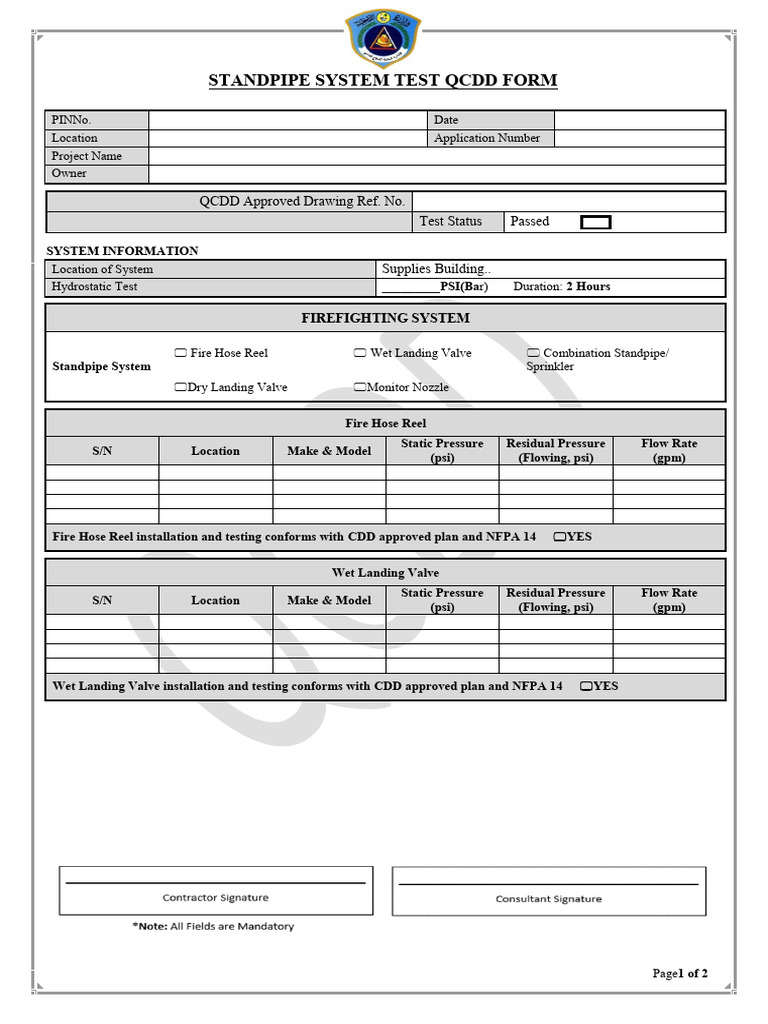 Standpipe System Test QCDD Form | PDF | Valve | Fire Sprinkler System