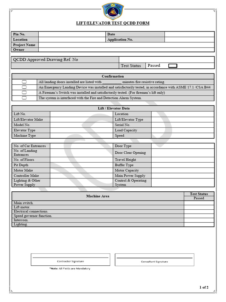 Lift Elevator Test QCDD Form | PDF | Elevator | Electrical Engineering