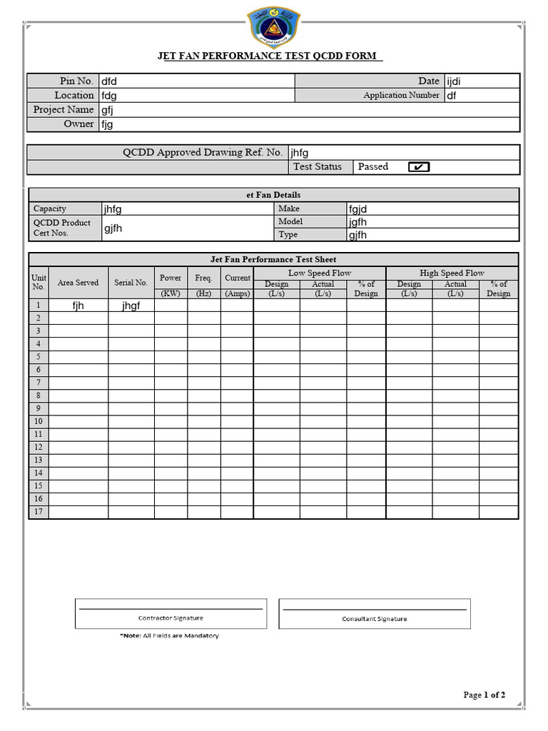 Jet Fan Performance Test QCDD Form | PDF | Manufactured Goods