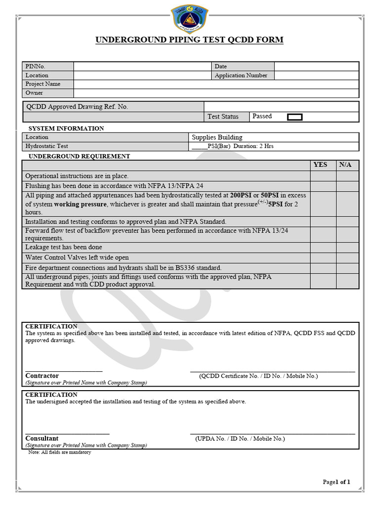 Underground Piping Test QCDD Form | PDF