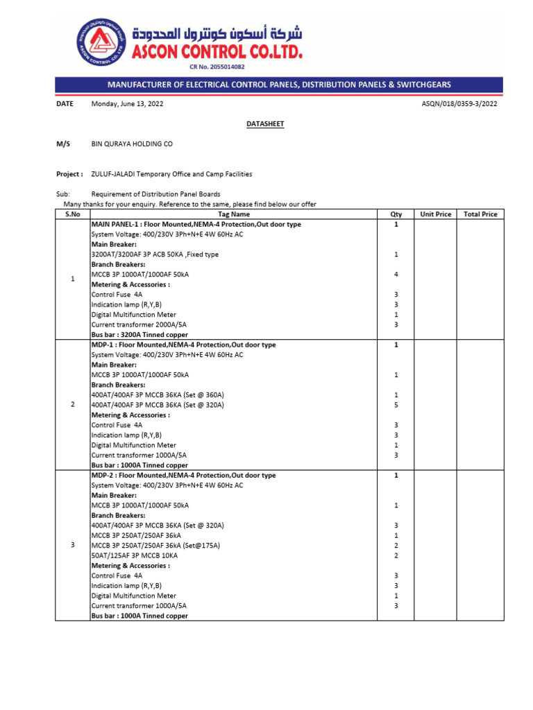 Ascon Electrical Panel Board Datasheet | PDF | Fuse (Electrical ...