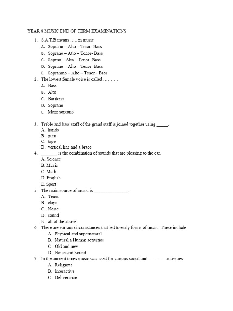 Year 8 Music Exam Questions | PDF | Scale (Music) | Clef
