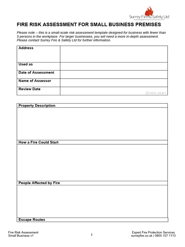 Small Business Fire Risk Assessment Template by Surrey Fire Safety LTD | PDF