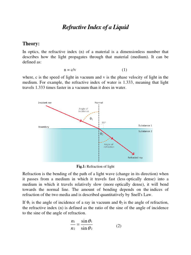 Refractive Index of A Liquid | PDF | Refraction | Refractive Index