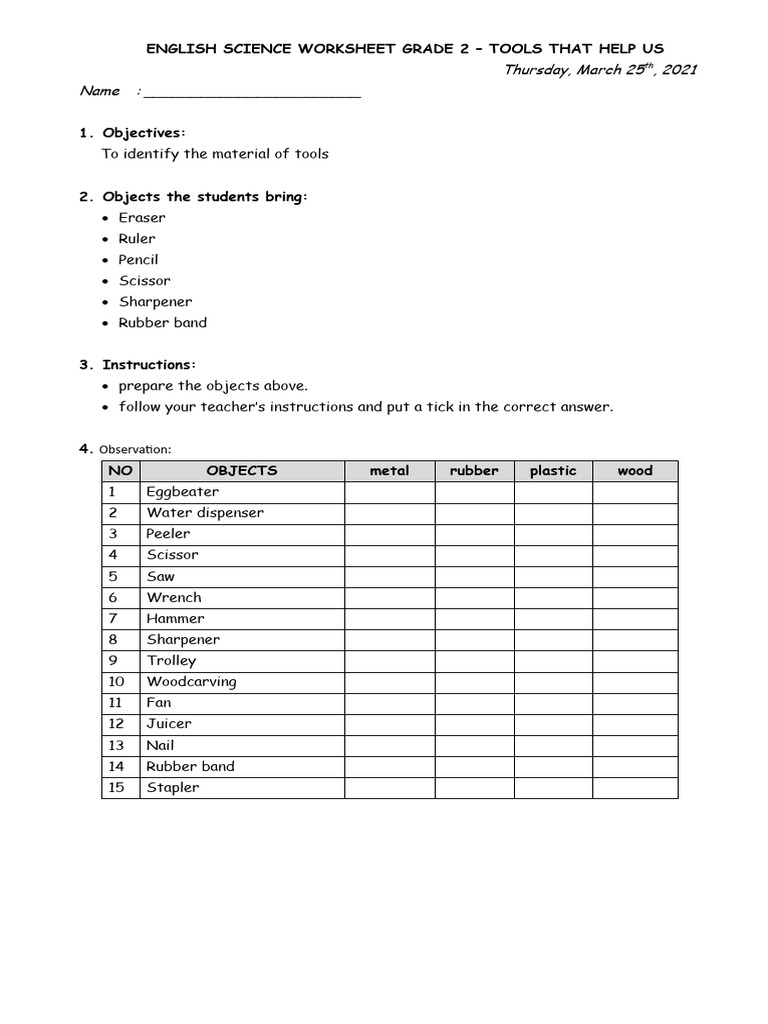 English Science Worksheet Tools That Help Us | PDF