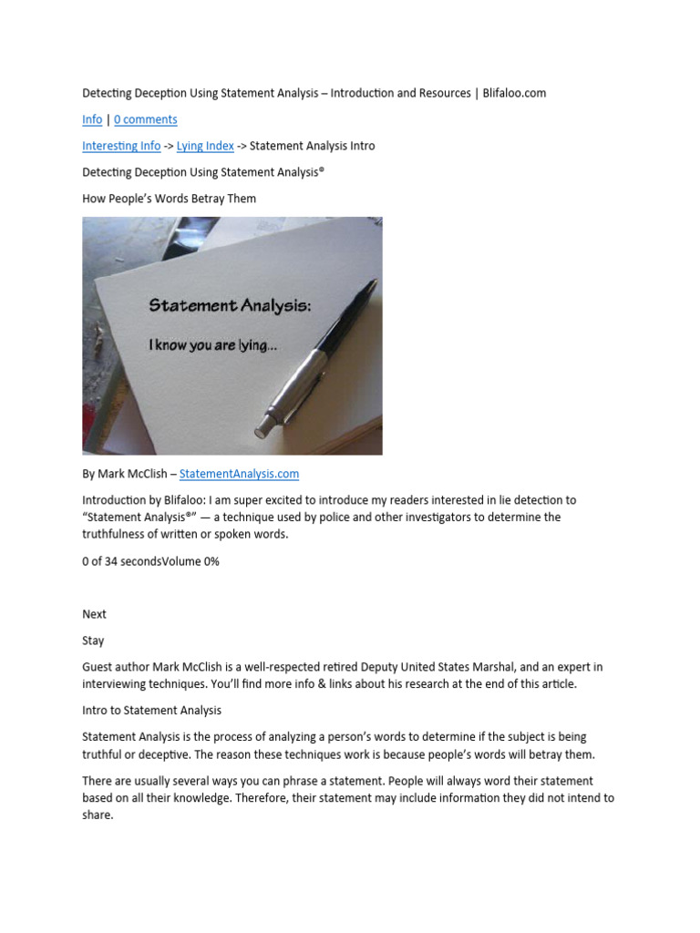 Detecting Deception Using Statement Analysis | PDF | Word | Deception