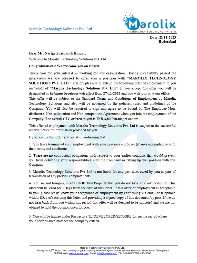 Open Narige Prashanth Kumar Offer Letter | PDF | Employment ...