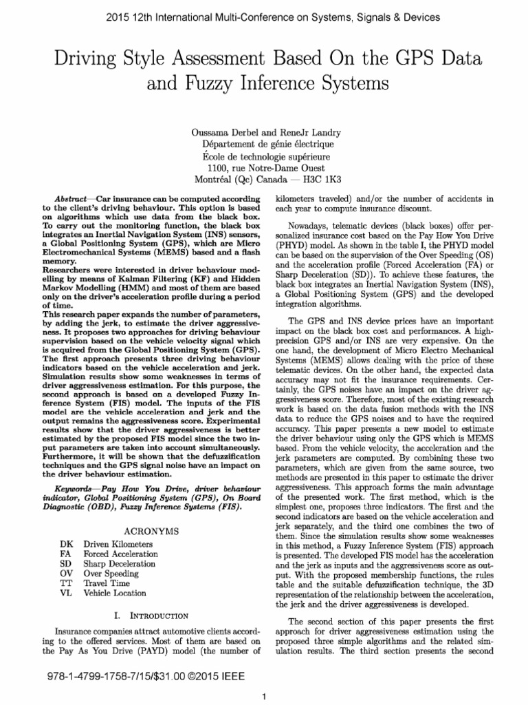Driving Style Assessment Based On The GPS Data and Fuzzy Inference Systems | PDF | Inertial ...