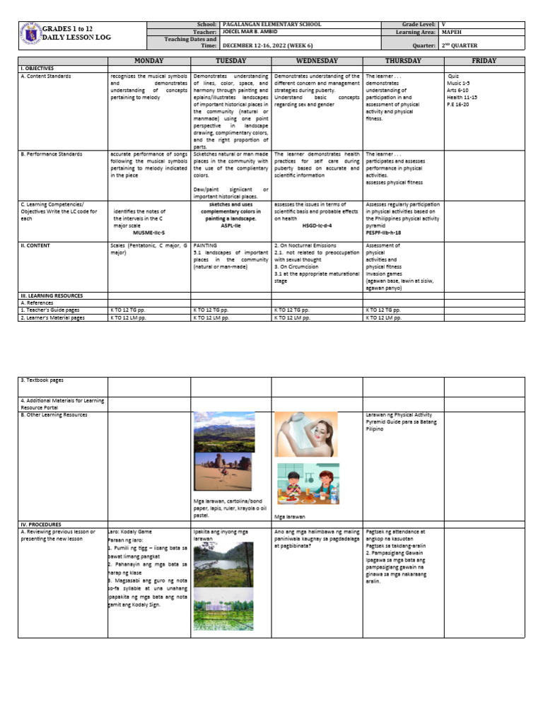 DLL - Mapeh 5 - Q2 - W6 | PDF | Teachers | Learning