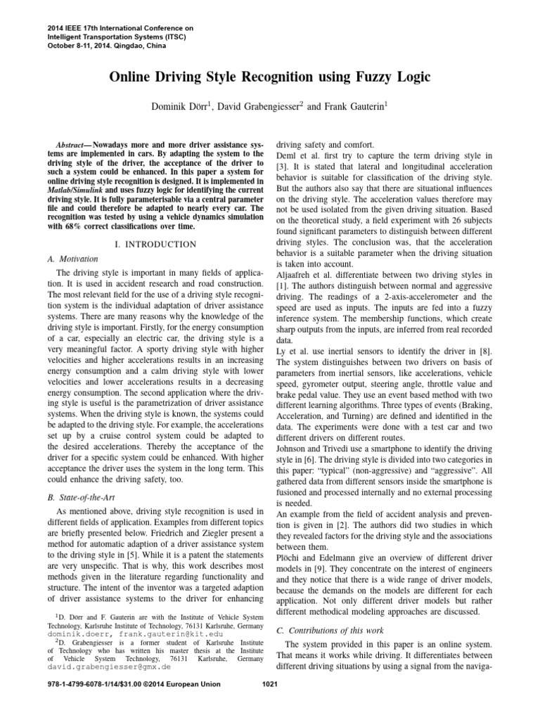 Online Driving Style Recognition Using Fuzzy Logic | PDF | Fuzzy Logic