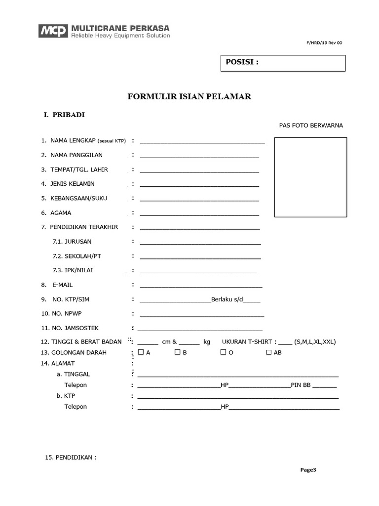 F-HRD-19 - Formulir Isian Pelamar | PDF