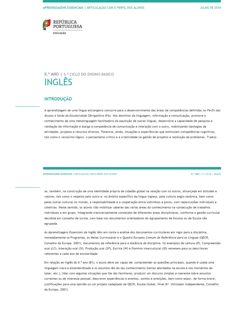 Ae tt8 Aprendizagens Essenciais Ingles 8 | PDF | Aprendizado ...