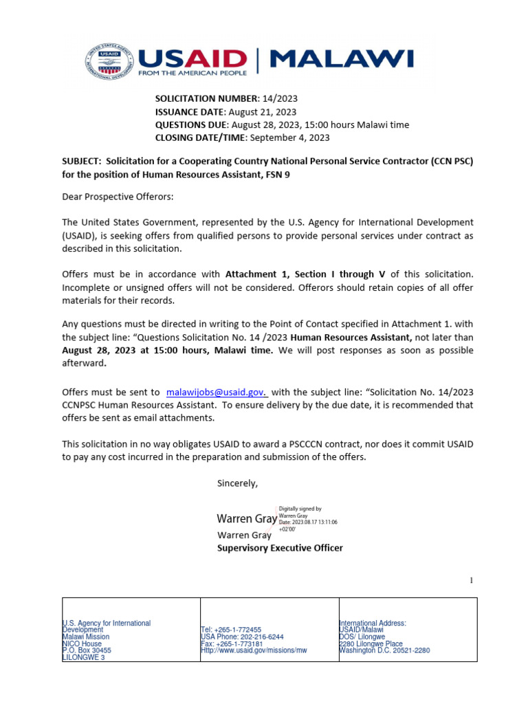 USAID Malawi HR Assistant Job Solicitation | PDF | Employment | Human ...