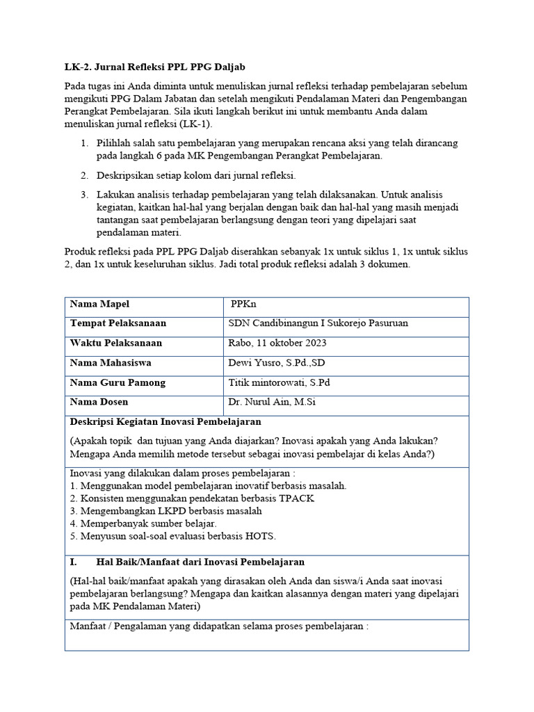 LK-2. Jurnal Refleksi PPL PPG Daljab | PDF