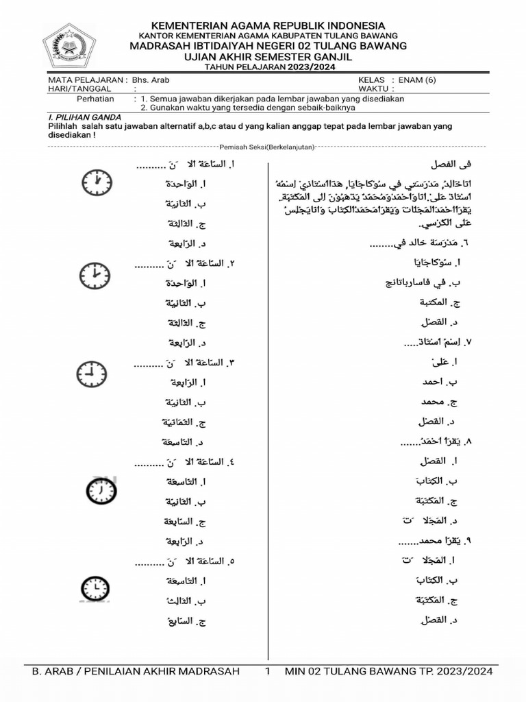 SOAL B. ARAB KELAS 6 Semester 1 | PDF