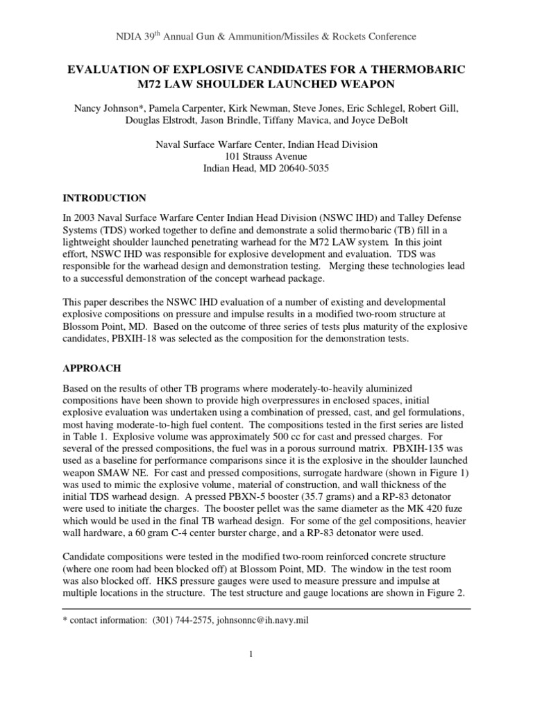 Evaluation of Thermobaric Explosives for M72 LAW | PDF | Materials ...