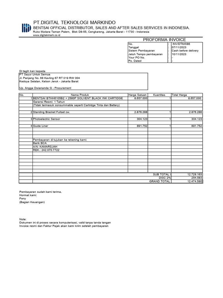 Proforma Inv Bentsai B2 PT Sayur Untuk Semua | PDF
