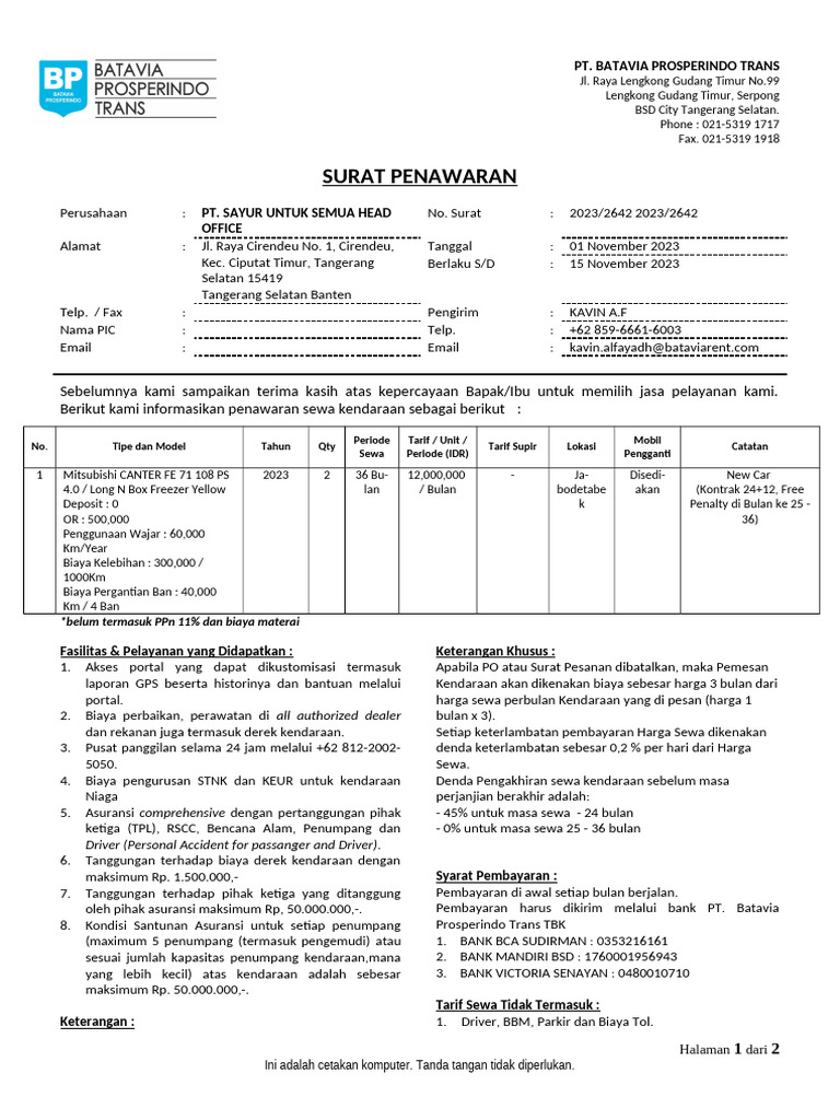 Penawaran Sewa Kendaraan 2023 | PDF
