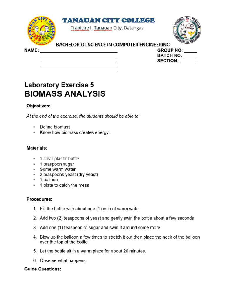 Laboratory Exercise 5 - BIOMASS ANALYSIS | PDF