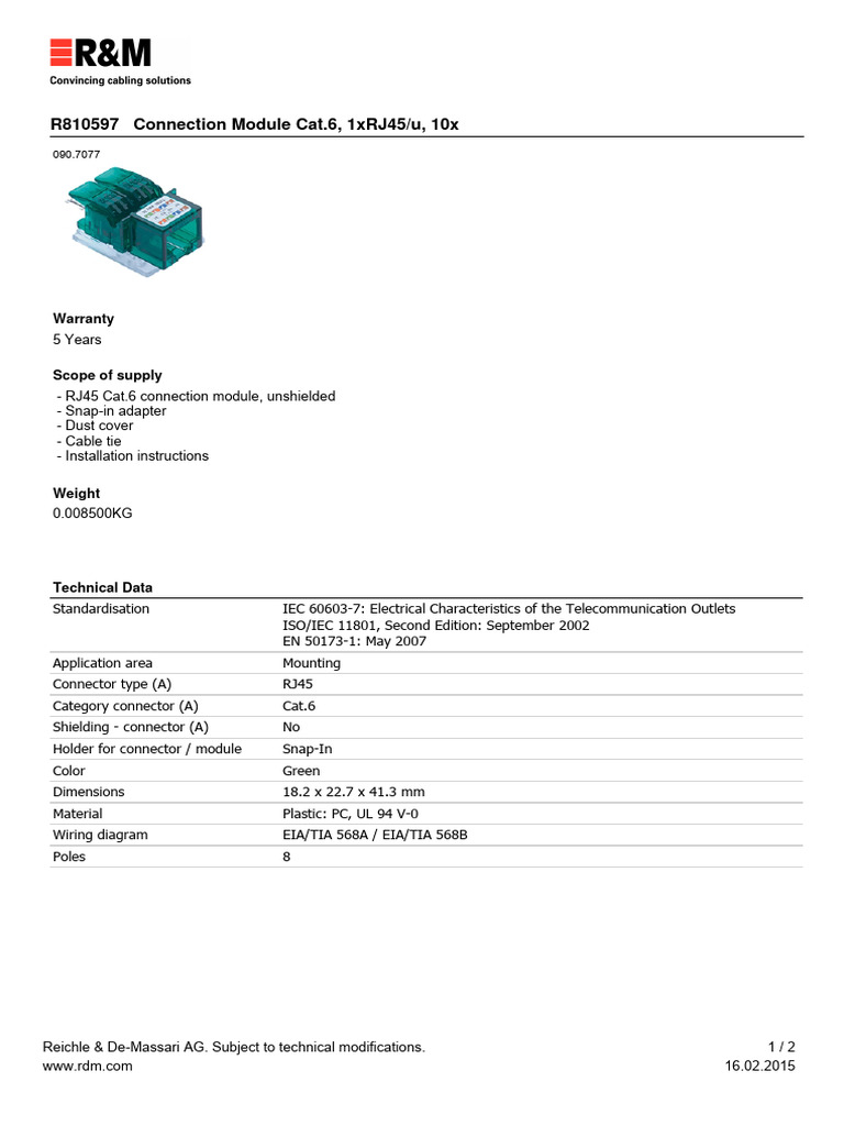 R810597 Cat6 IO Module User Side | PDF | Electrical Connector ...