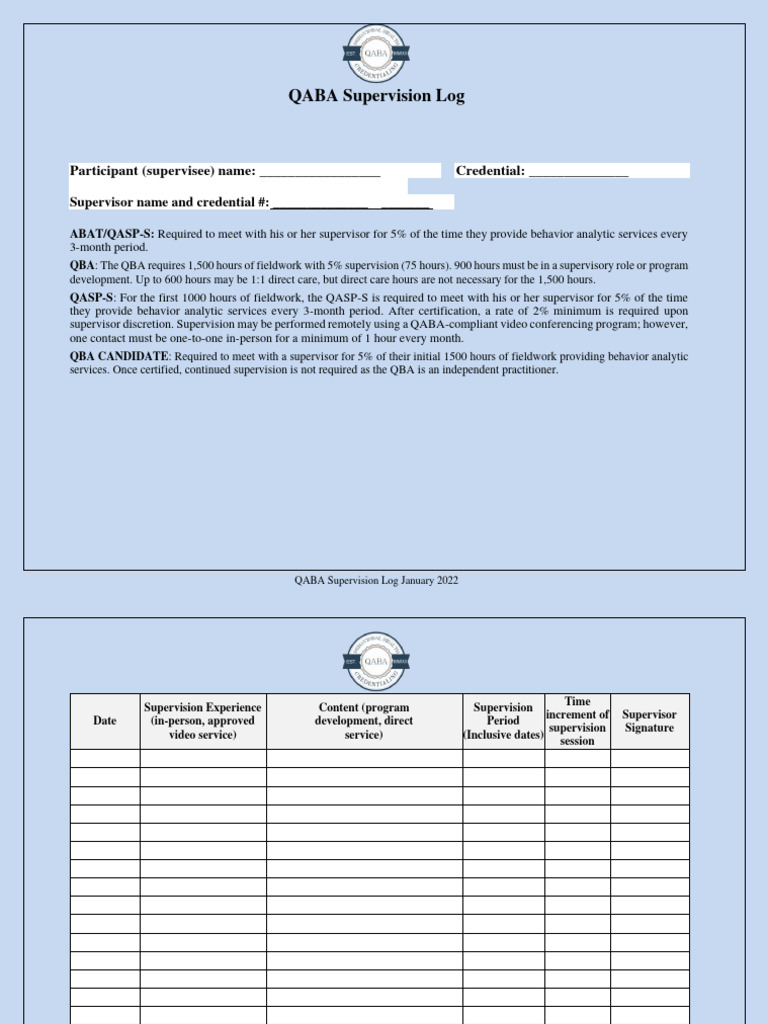 QABA Supervision Log January 2022 | PDF
