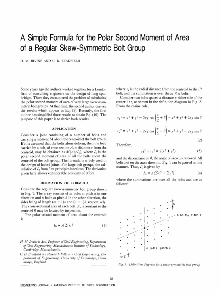A Simple Formula For The Polar Second Moment Of Area Of A Regular Skew Symmetric Bolt Group