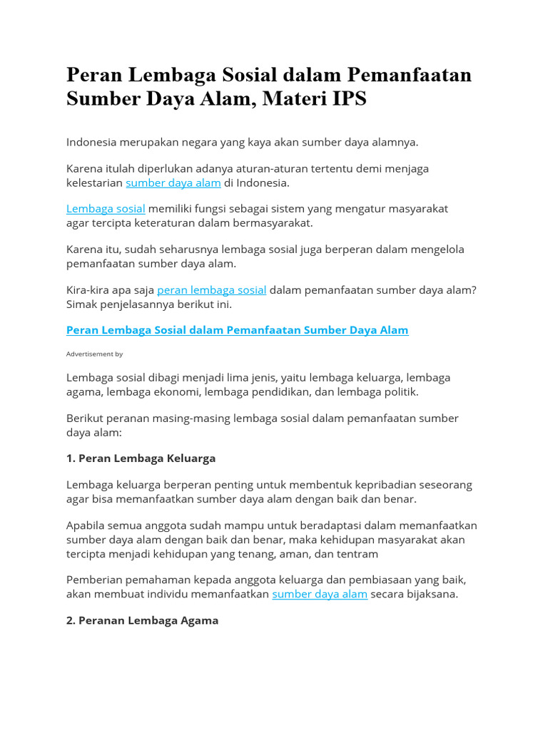 Peran Lembaga Sosial Dalam Pemanfaatan Sumber Daya Alam | PDF