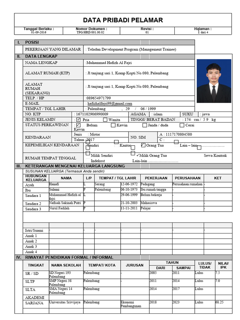 Formulir Data Pribadi Pelamar TPA | PDF