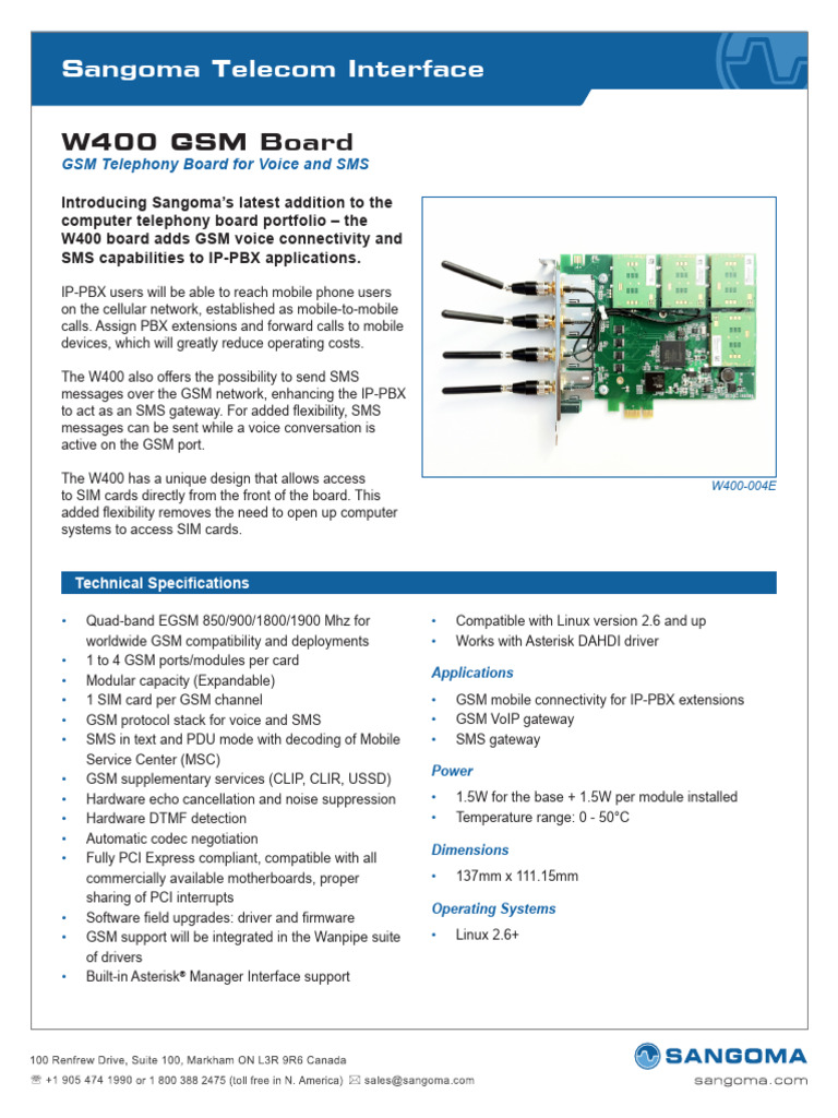 W400 GSM Board: Sangoma Telecom Interface | PDF | Gsm | Computer ...